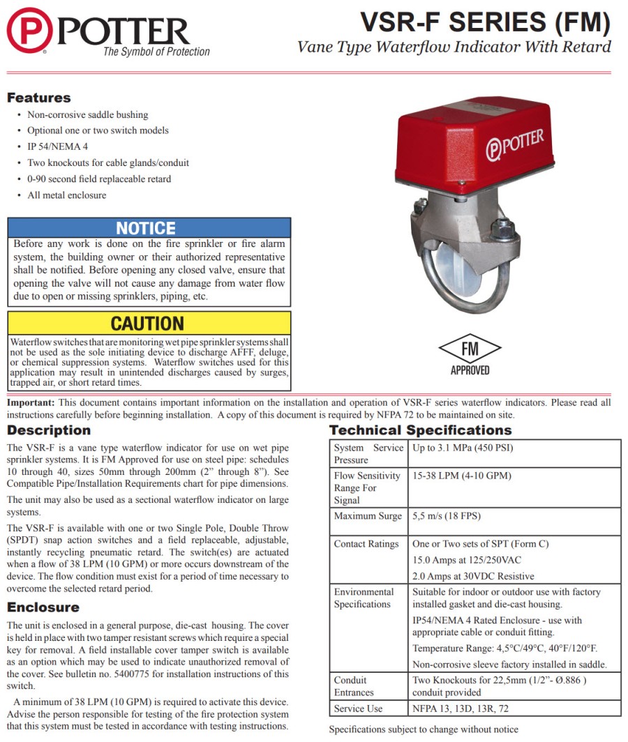 Flow Switch / Waterflow Detector (Potter) 2.5" 3" 4" 6" - 2.5"
